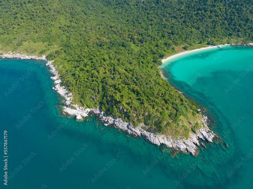 Aerial view of boats with clear blue turquoise seawater, Andaman sea in ...