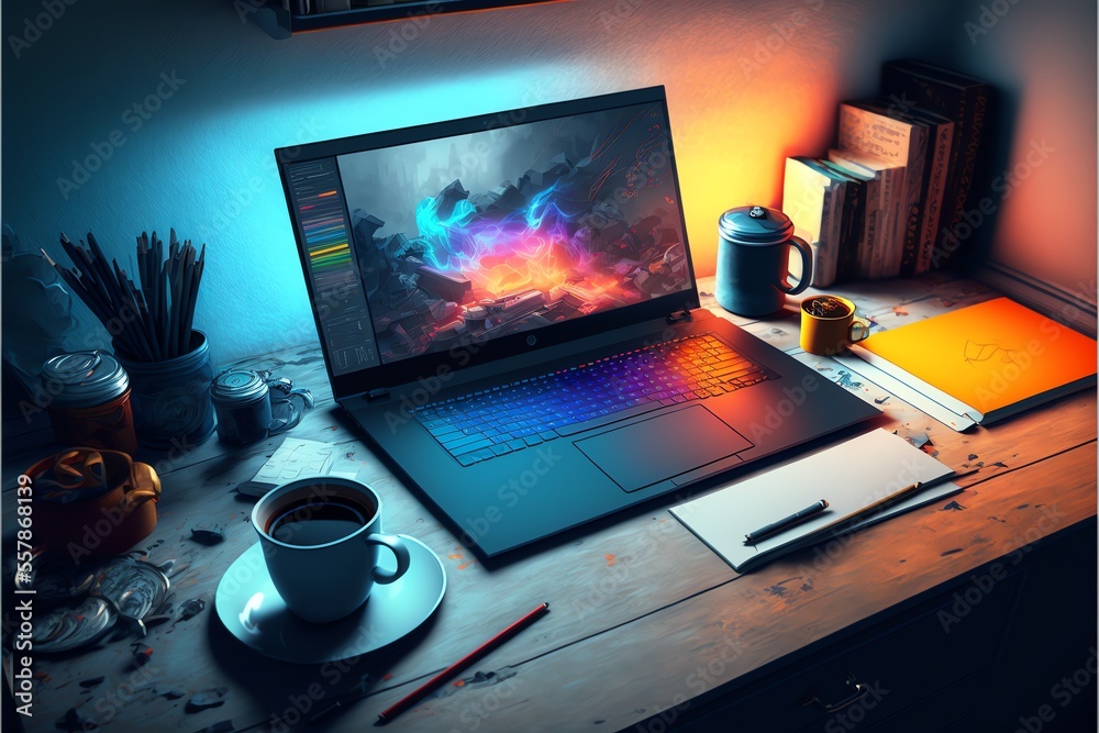 3d gamer workspace cyberpunk. Laptop on the desk with a cup of coffee ...