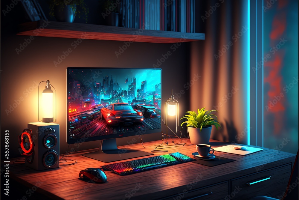 3d gamer workspace cyberpunk. Video game. Modern workspace with ...
