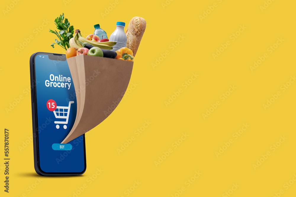 Online grocery shopping app and grocery bag Stock Photo | Adobe Stock