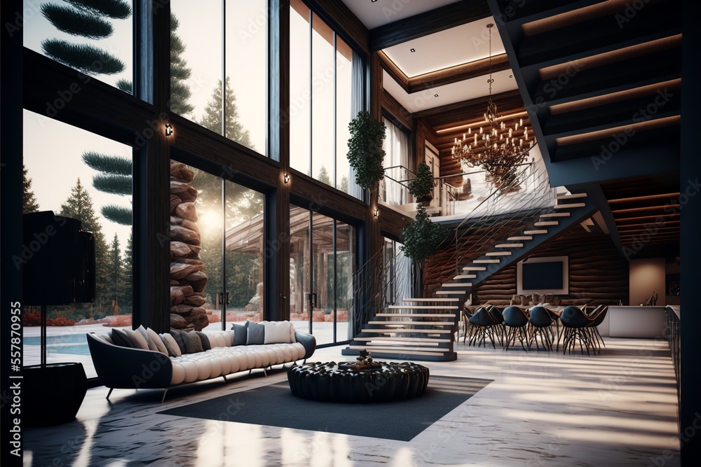 Storey house, living room interior, wooden. With big window Stock ...