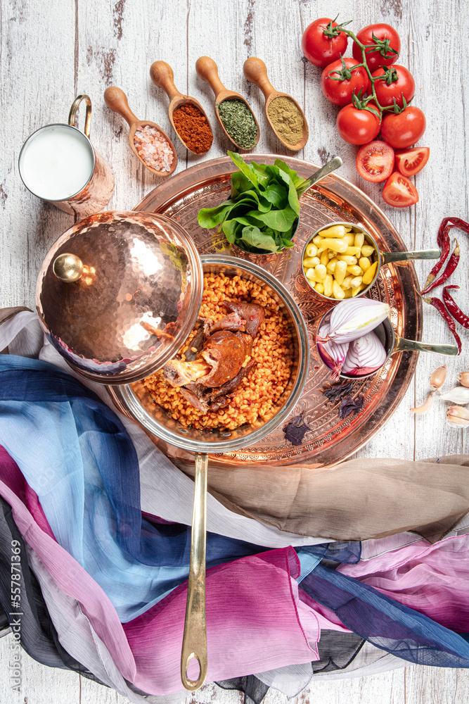 Presentation of traditional Turkish meat dishes. Turkish foods; lamb ...