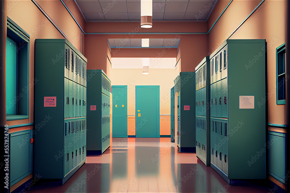 Hallway with lockers in a high school, ideal for education backgrounds ...