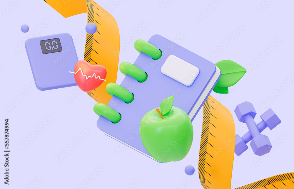 3D Healthy food and Diet planning. Healthy eating, dieting, slimming ...