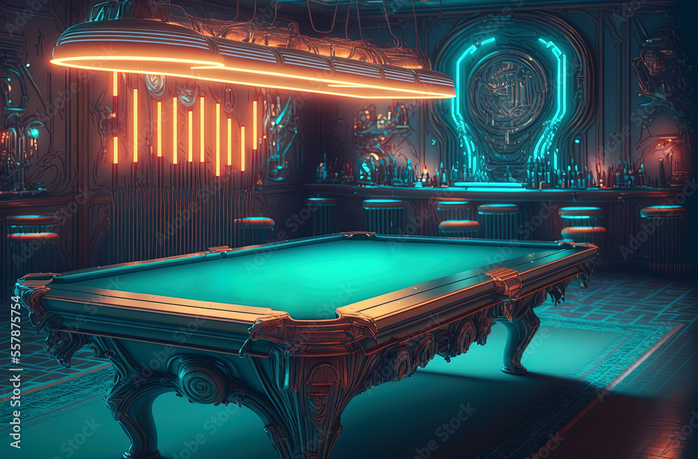 Entertainment room with empty pool table without balls. Postproducted ...