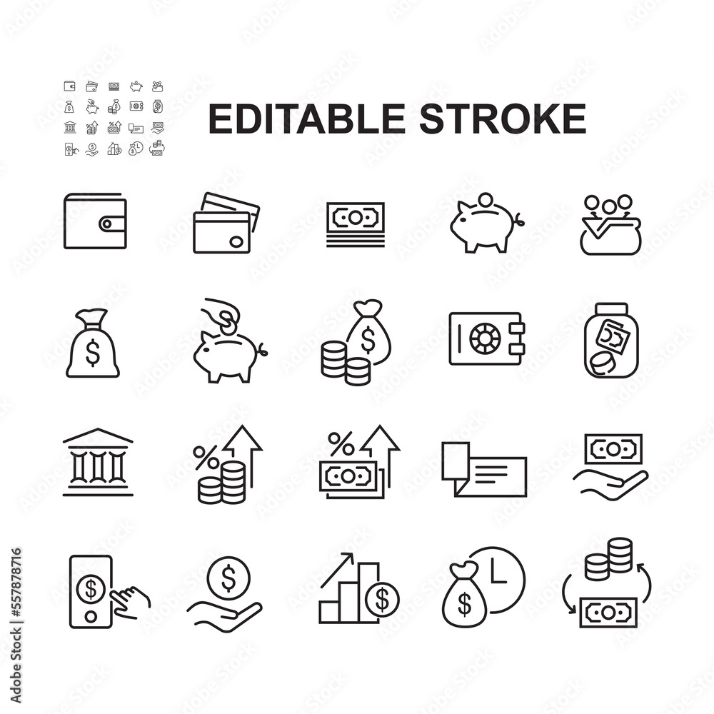 Simple Set of Money Savings Related Vector Line Icons. Contains Money Increase Graph, Wallet ...
