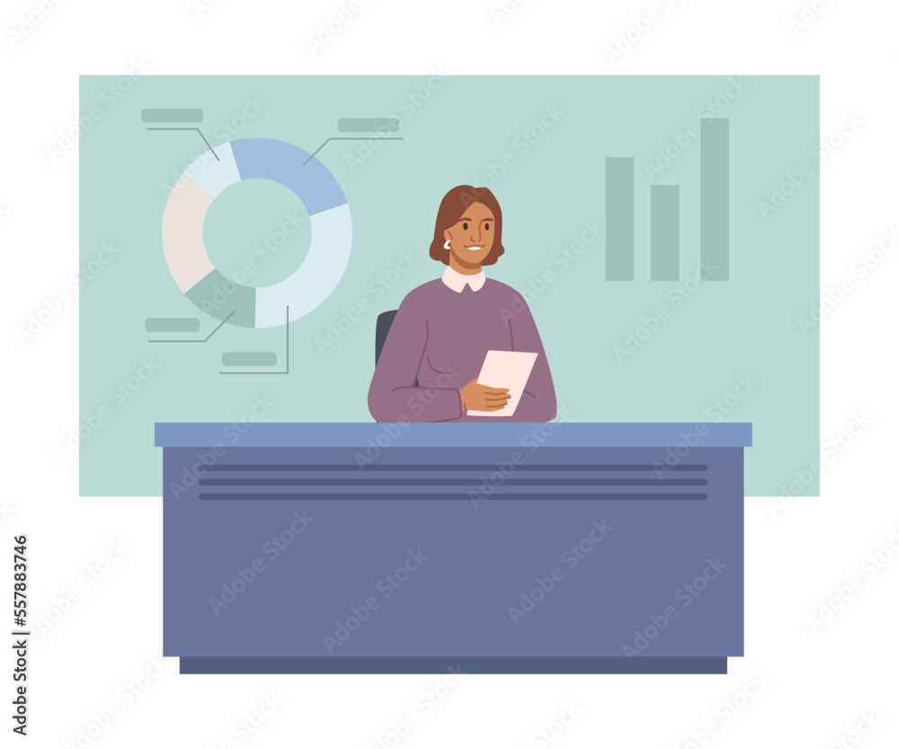 Poster TV news studio with broadcaster and breaking world, flat cartoon ...