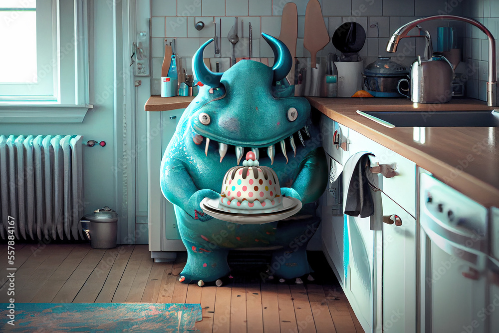Cute monster with a cake in the kitchen. A kind funny smile on the face ...