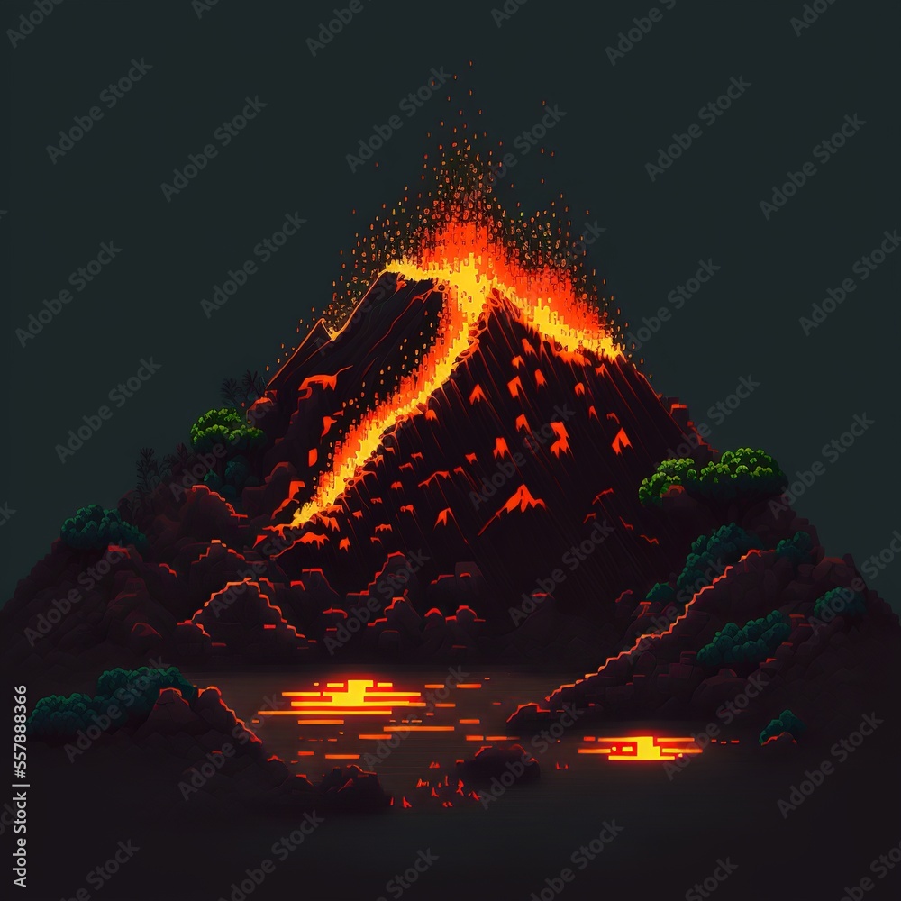 2d scene with erupting volcano landscape pixel art style. Generative AI ...