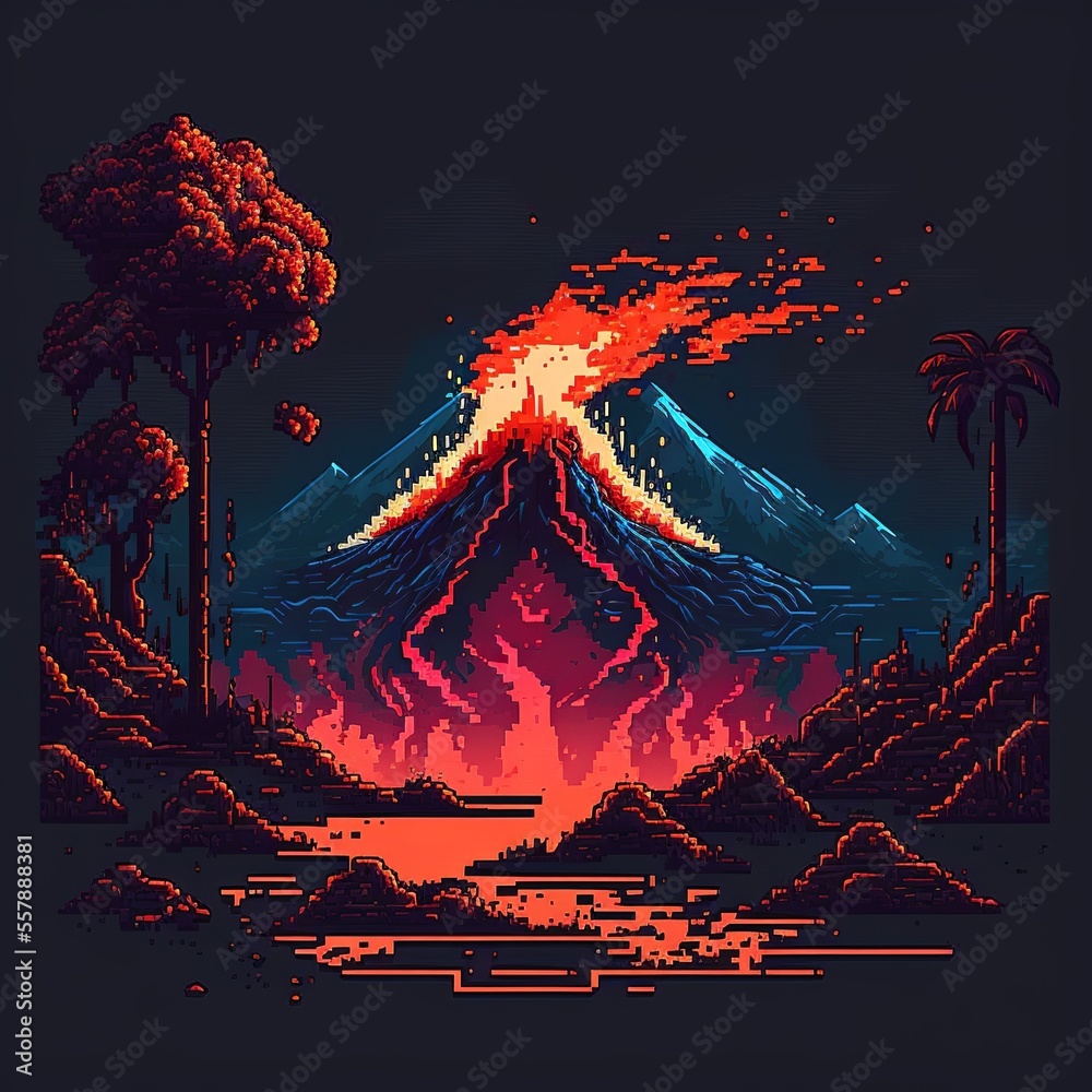 2d scene with erupting volcano landscape pixel art style. Generative AI ...