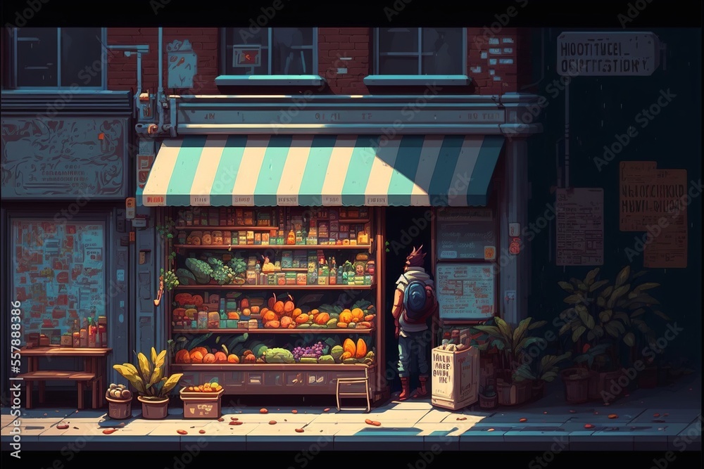 Street with grocery store and people cartoon style drawing. AI Stock ...