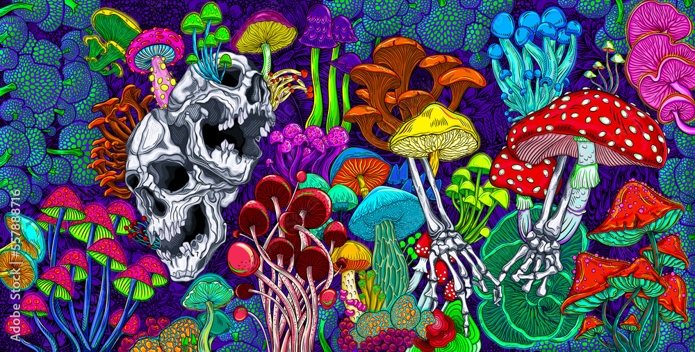 Abstract colorful background with bright magical psychedelic mushrooms ...