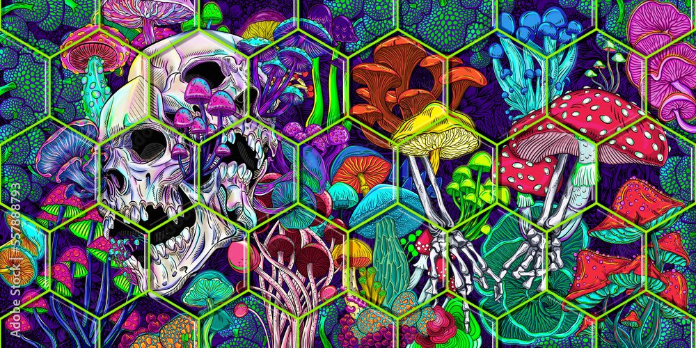 Abstract colorful background with bright magical psychedelic mushrooms ...