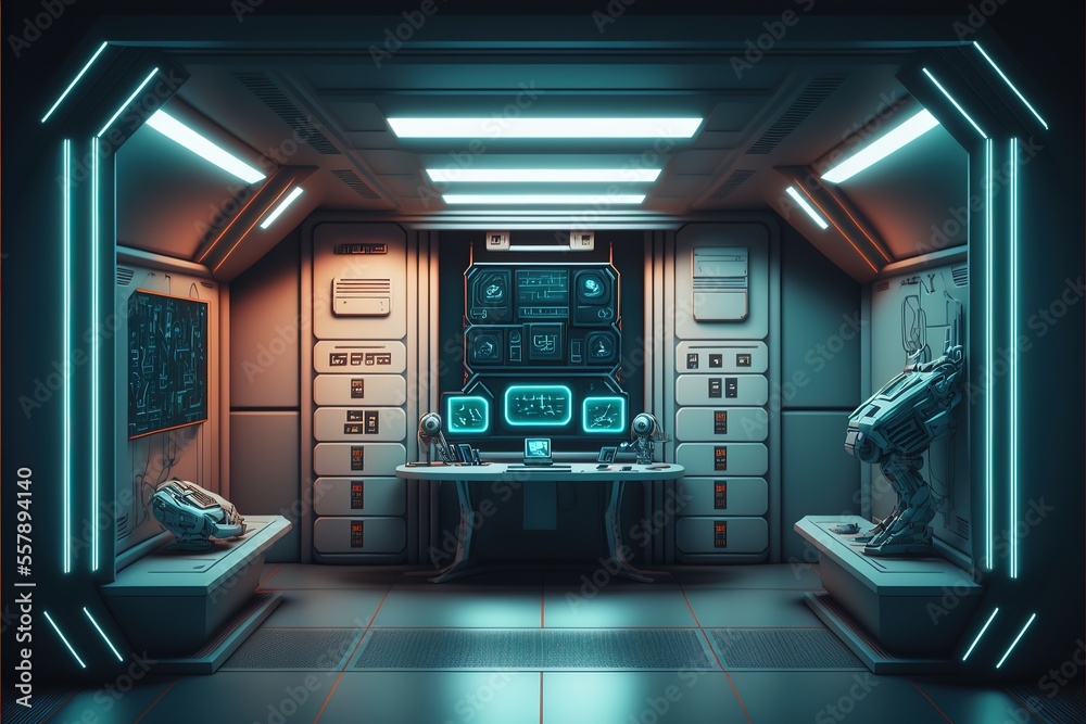 A laboratory in the interior of a spaceship and an empty podium for the presentation of a ...