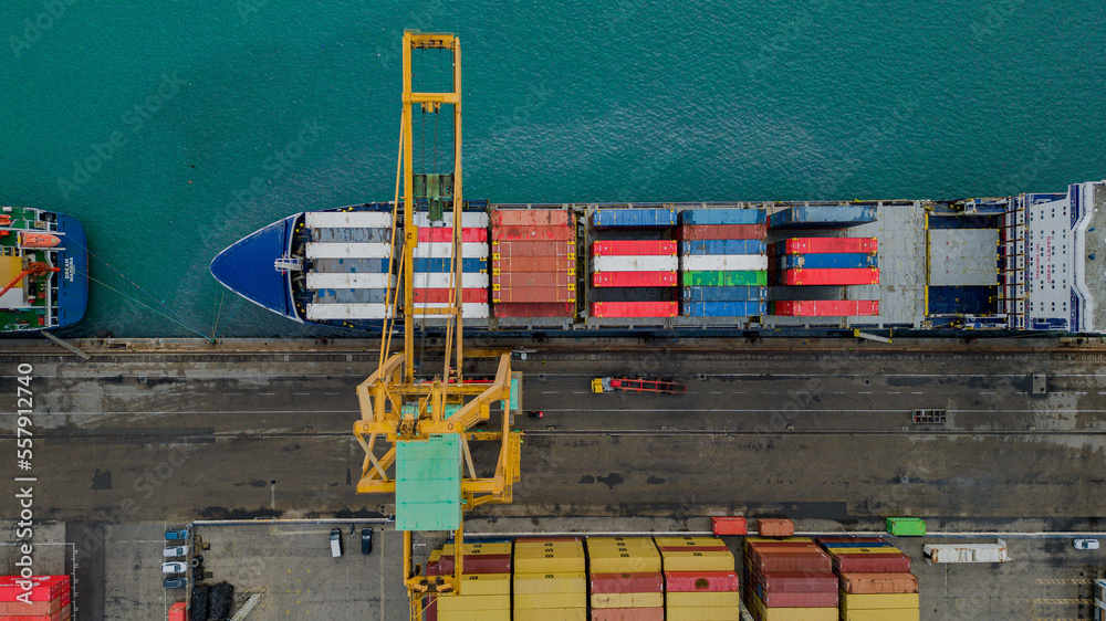 Container ship in industrial port in import, export trade logistic and ...