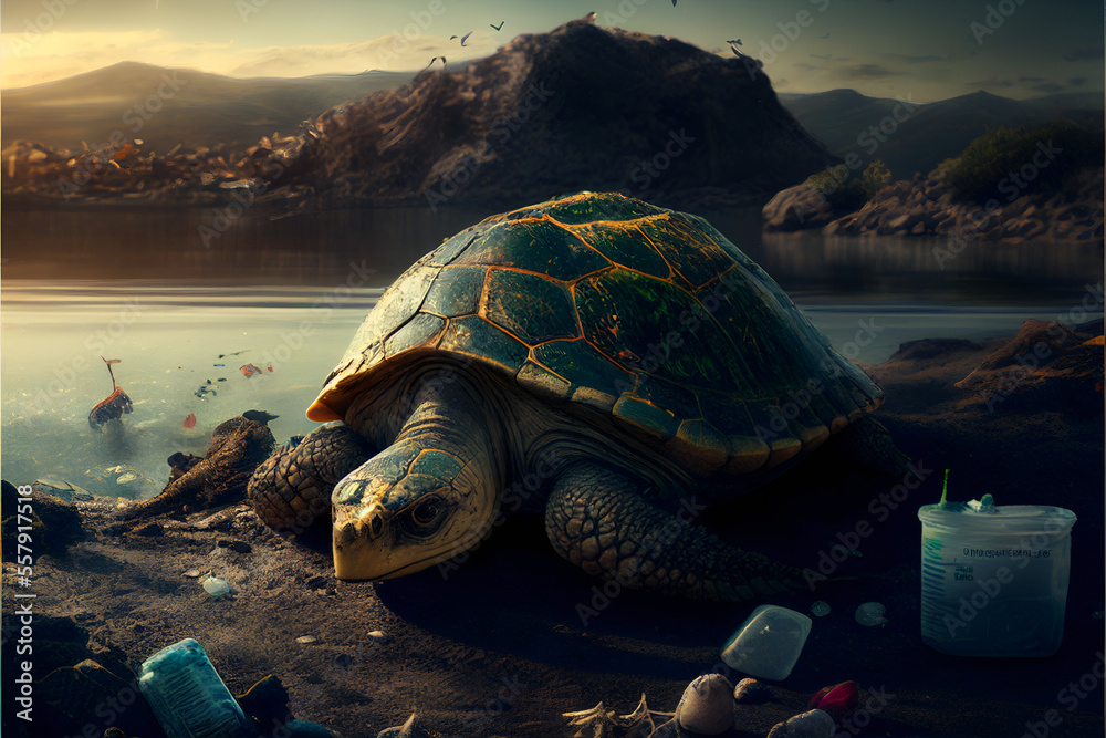 Turtle on a polluted beach, a lot of garbage, Made by AI, Artificial ...