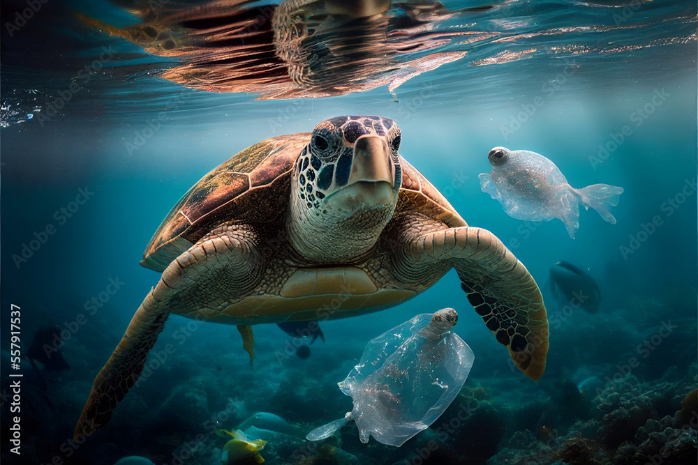 Turtle diving into the ocean with its young wrapped in plastic bags ...