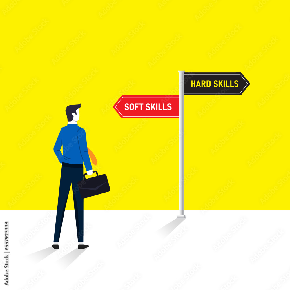 Businessman infront of road signs indicating hard skills and soft ...