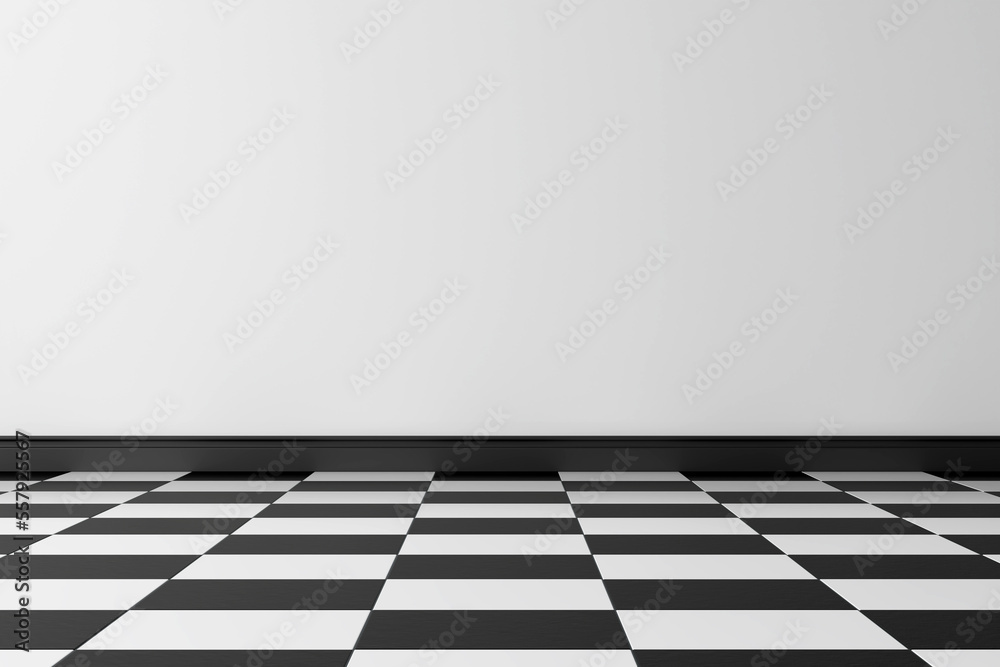 Wallpaper with black and white checkered floor and white walls. 3D ...