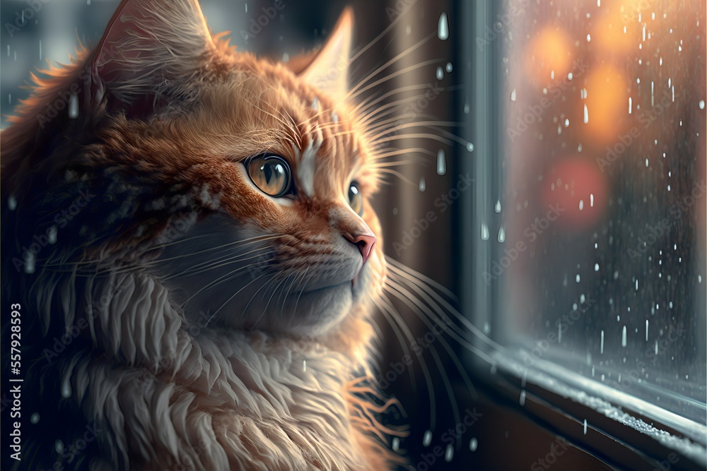 Ginger realistic sad cat looks out the window with falling snow. AI ...