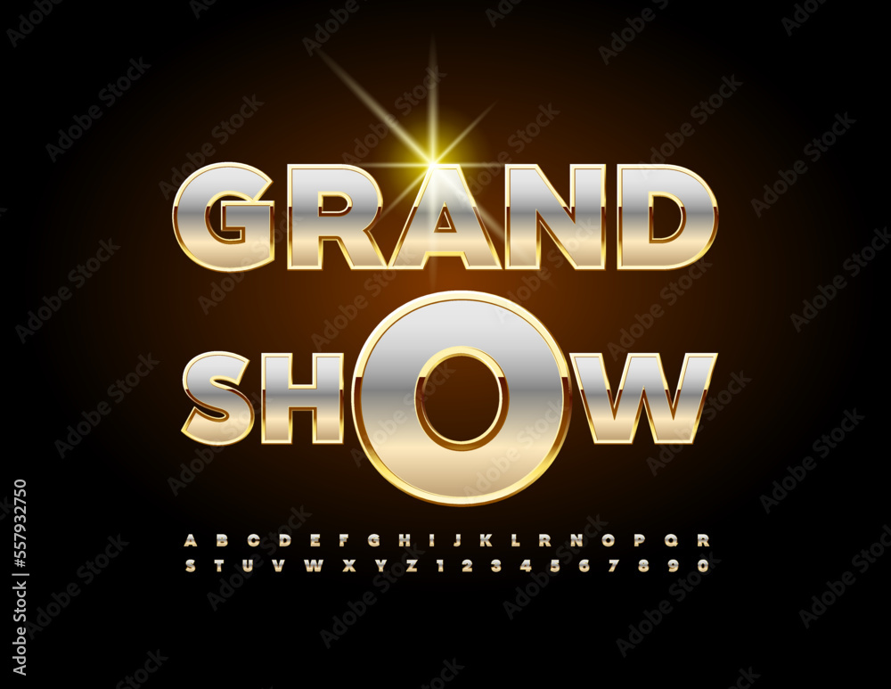 Vector artistic banner Grand Show. Chic Stylish Font. Golden Alphabet ...