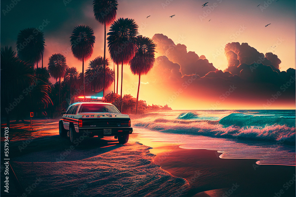 Police car on sea beach, near palm trees Stock Illustration | Adobe Stock