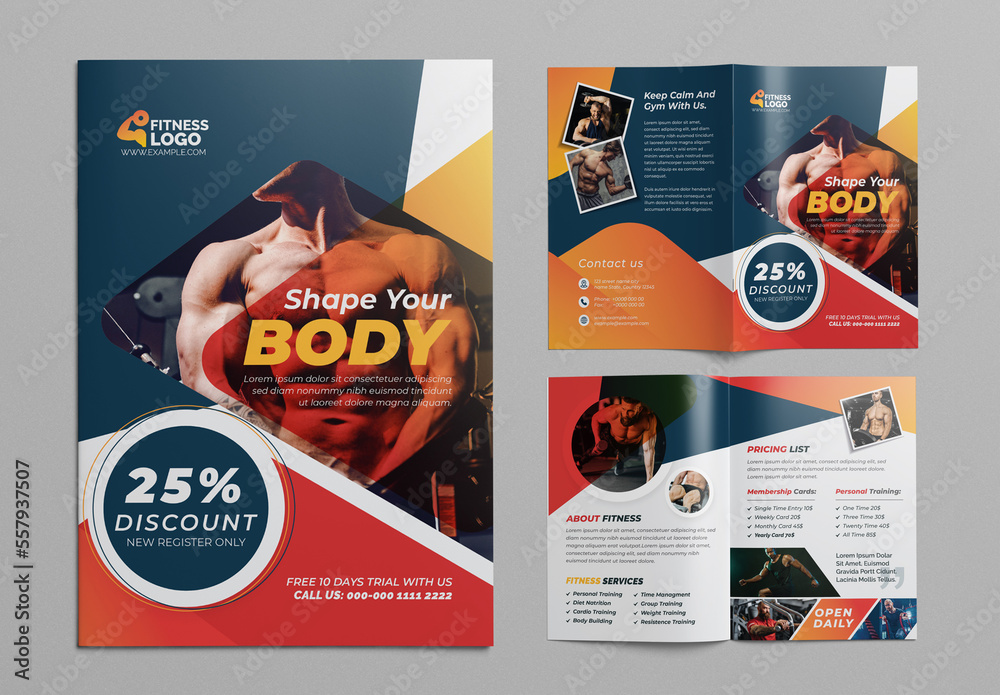Body Fitness Bifold Brochure Template With Orange Gradient Layout Stock ...