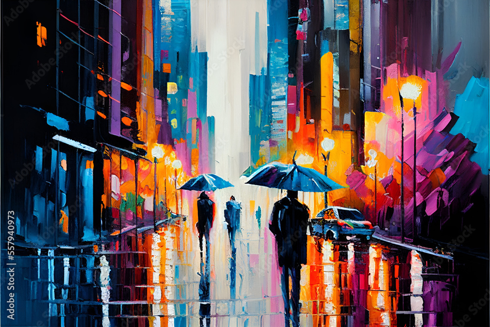 Vibrant abstract background with urban scene, skyscrapers, traffic and ...