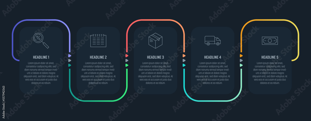 Dark process Infographics with five steps and colorful elements. Thin ...