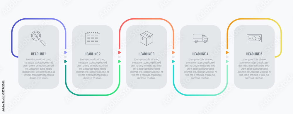 Light process Infographics with five steps and colorful elements. Thin ...