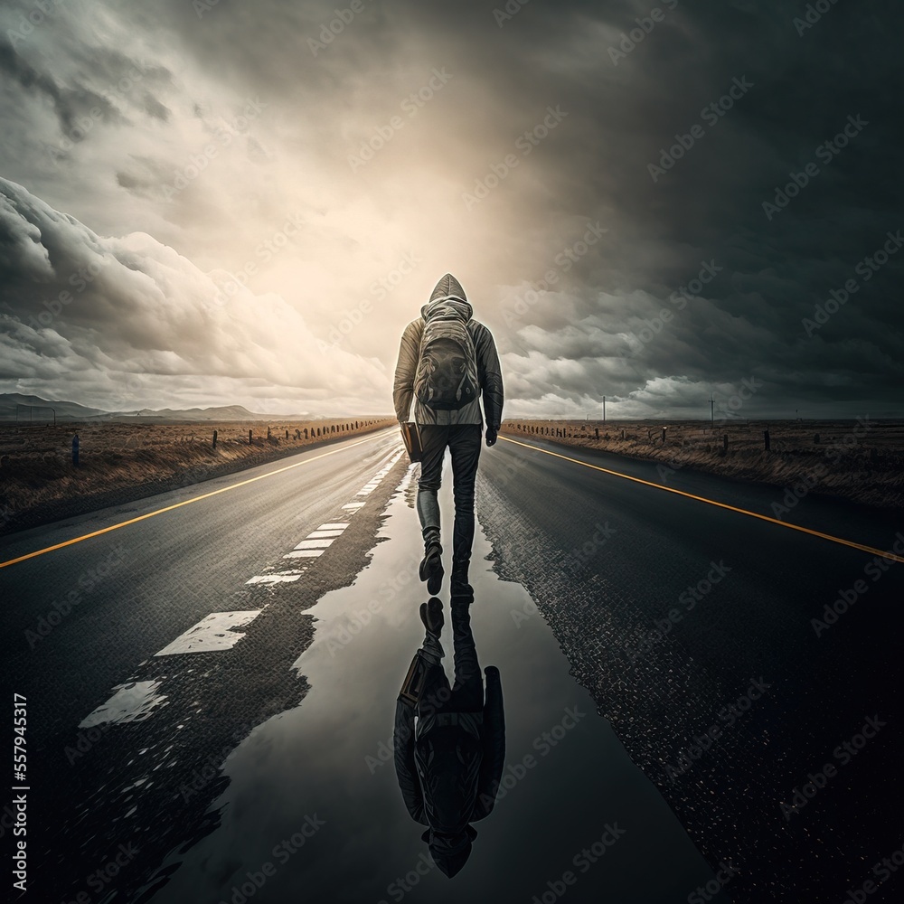 a man walking down a road with a backpack on his back in the middle of ...