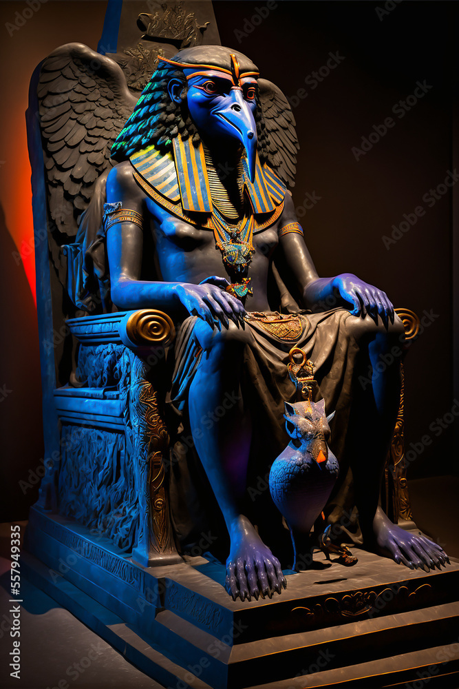 Black stone Statue of Pharaoh Egyptian God with wings in Museum Stock ...