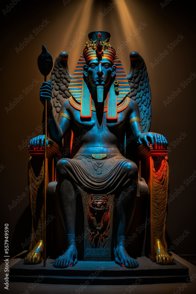 Black stone Statue of Pharaoh Egyptian God with wings in Museum Stock ...