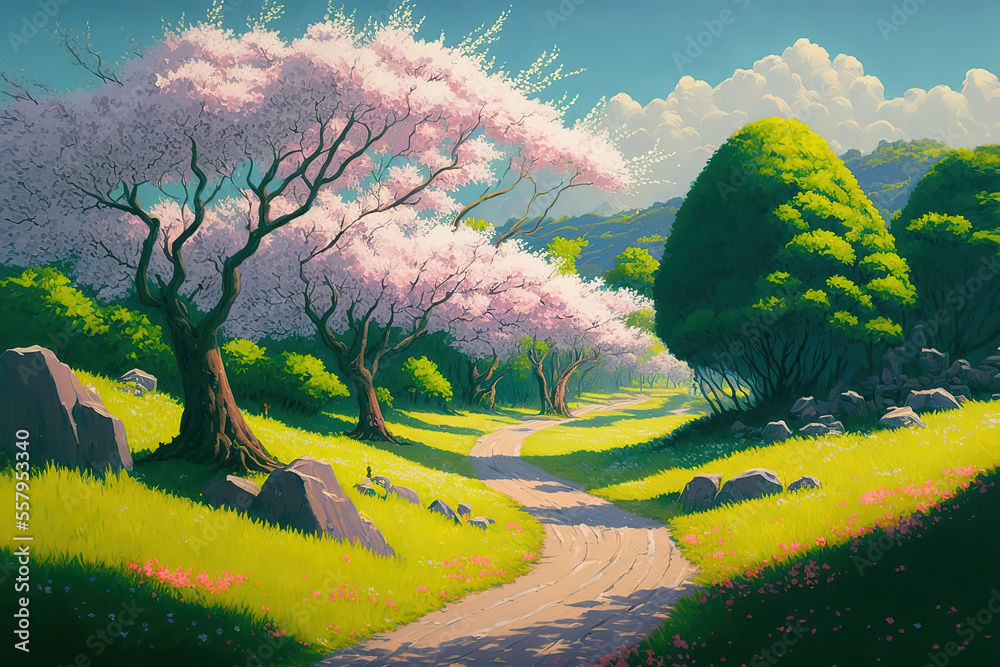 beautiful spring landscape, anime landscape, cartoon nature art ...