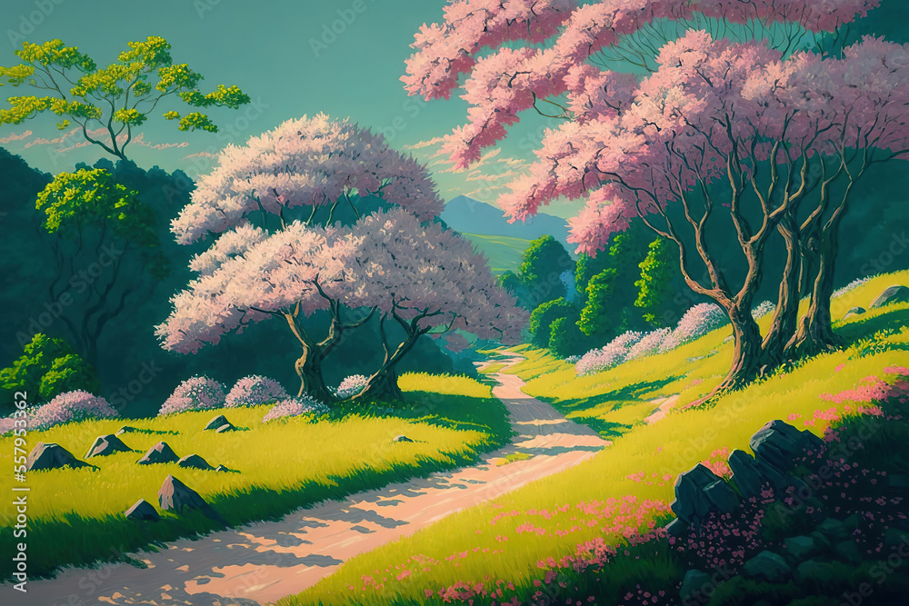 beautiful spring landscape, anime landscape, cartoon nature art ...
