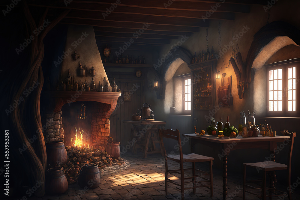 Medieval tavern interior, concept art Stock Illustration | Adobe Stock