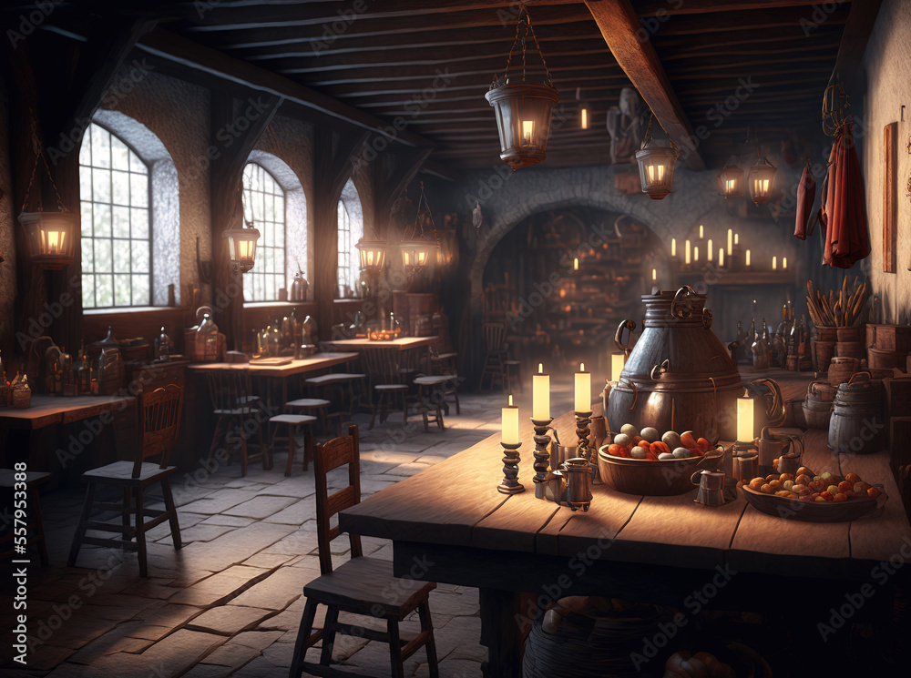 Medieval tavern interior, concept art Stock Illustration | Adobe Stock