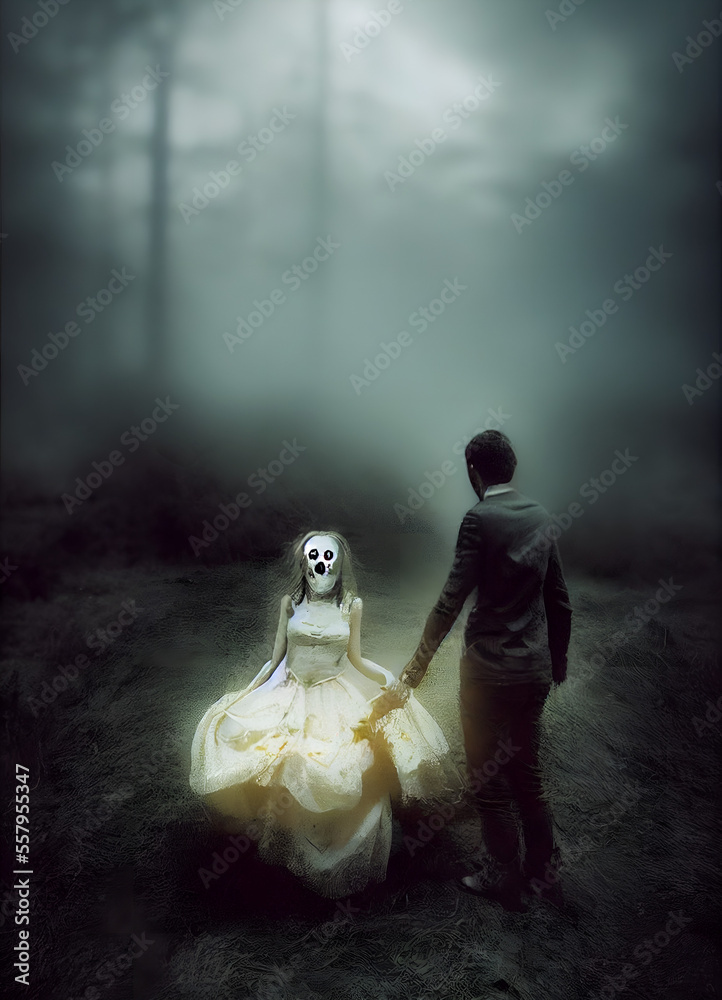 Man walking towards creepy horror child in dress in the woods. Stock ...