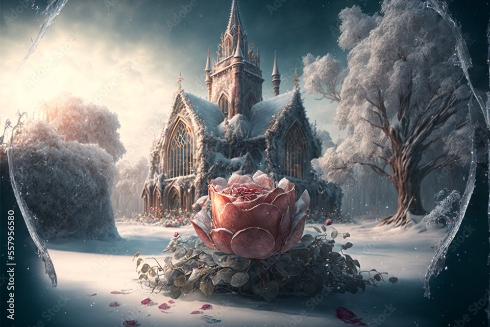 Roses draped with epic frost fantasy magical with gothic church ...