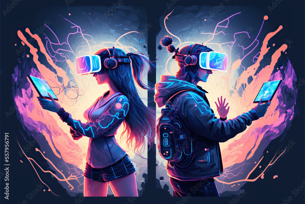 Metaverse, VR, AR, virtual reality game playing, man and woman play ...