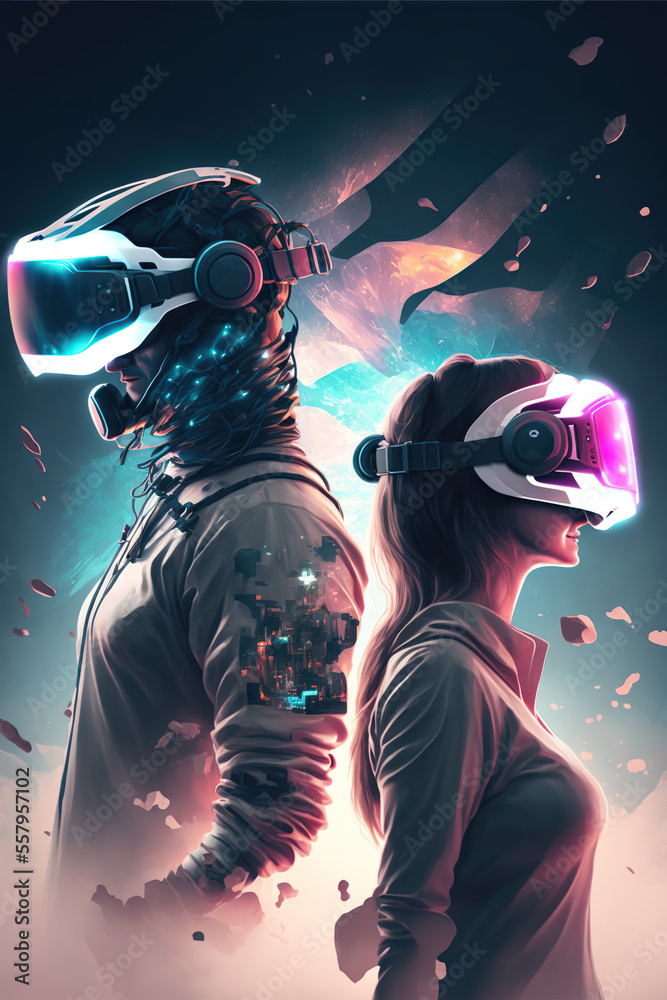 Metaverse, VR, AR, virtual reality game playing, man and woman play ...