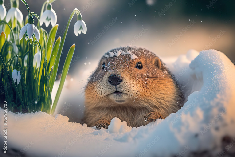 Groundhog Day Delight, Cute Groundhog Emerges from Snowy Hole Among ...