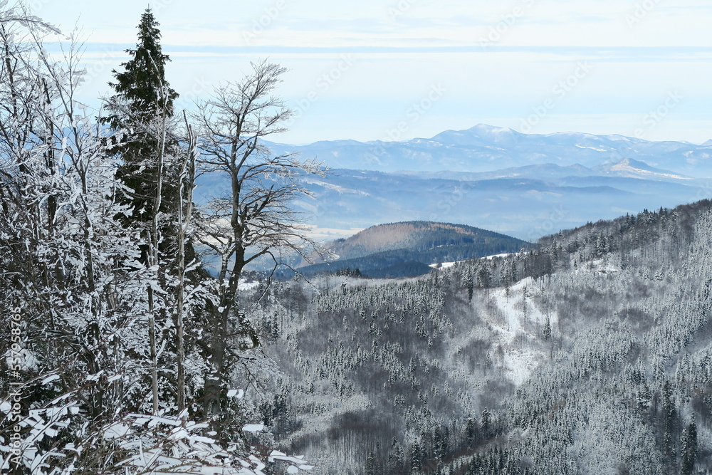 Foto de in ski area skalka above village of kremnica with snow and ...