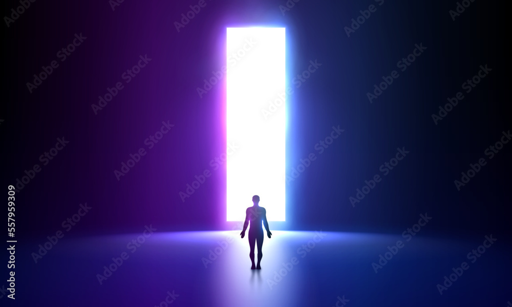 Neon background concept. Disco neon light. Back view of backlit man ...
