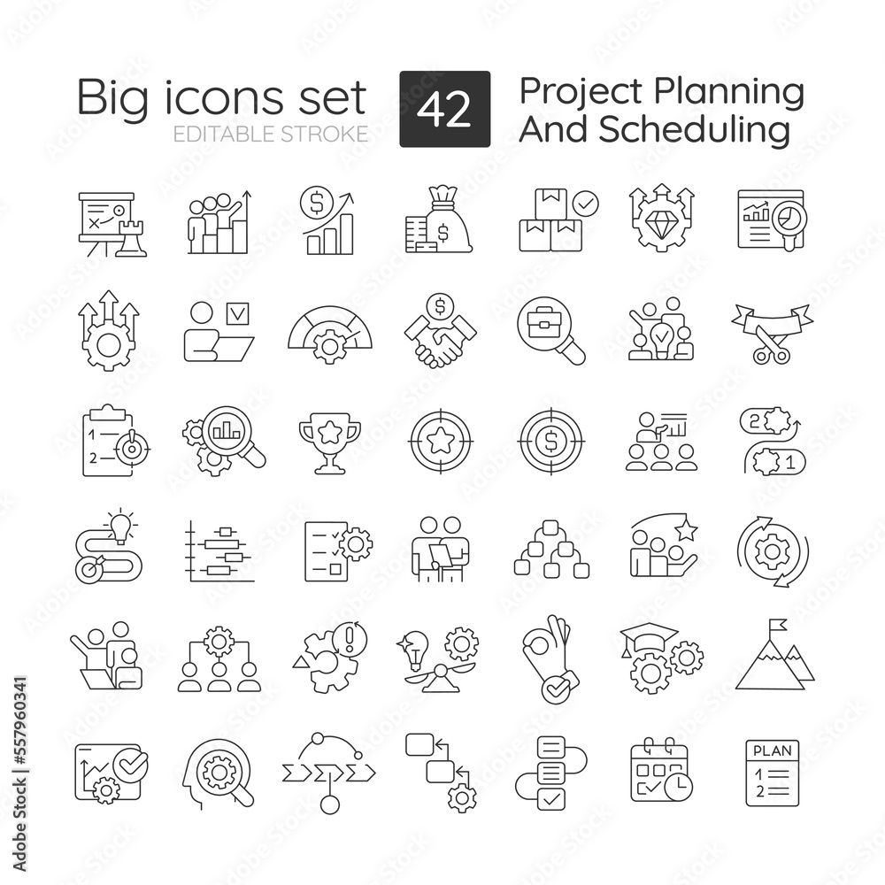 Project planning and scheduling linear icons set. Business development ...