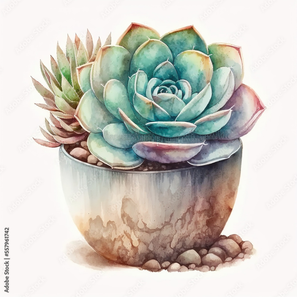 Watercolor Succulent in a pot on white background, AI assisted ...