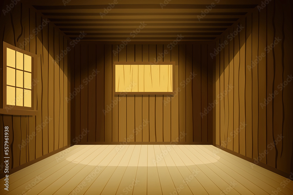 wooden walls, ceiling, and floor in an empty room. Game background ...