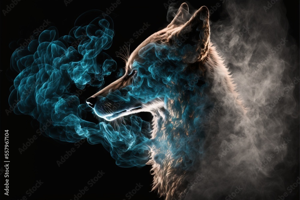 a wolf with blue smoke coming out of it's mouth on a black background ...
