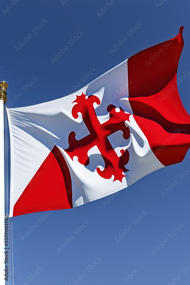 a red and white flag with a cross on it flying in the air with a blue ...