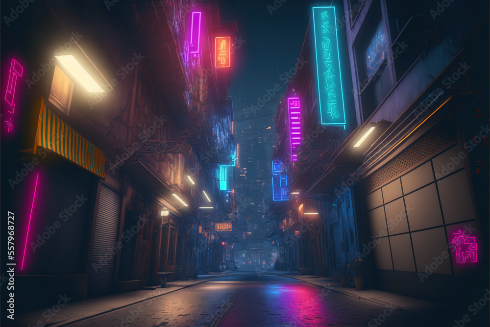Beautiful neon night in a cyberpunk city. Photorealistic Generative AI ...